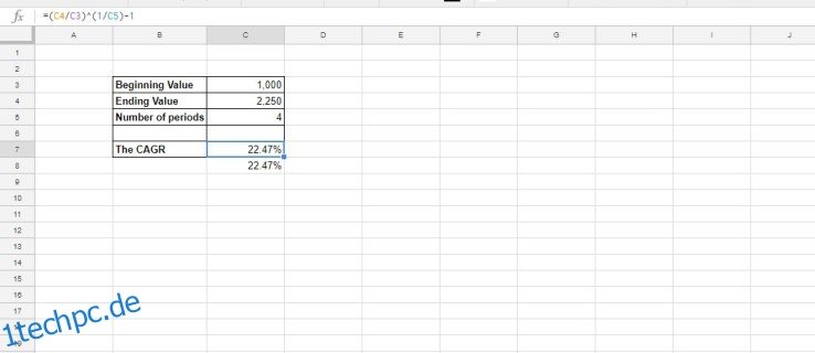 So fügen Sie die CAGR-Formel zu Google Sheets-Tabellen hinzu